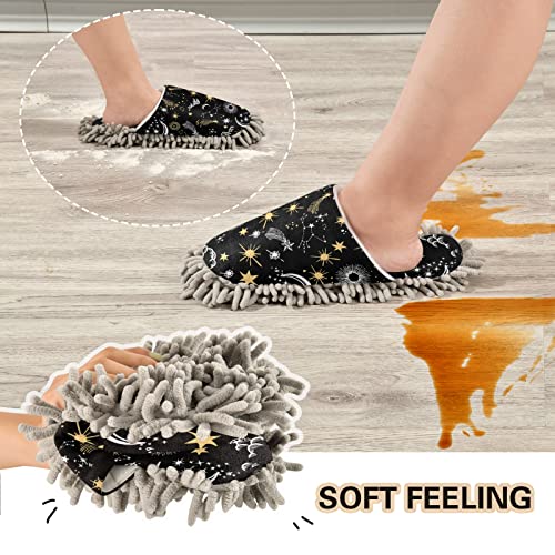 Kigai Microfiber Cleaning Slippers Yellow Stars and White Moon Washable Mop Shoes Slipper for Men/Women House Floor Dust Cleaner, Size M