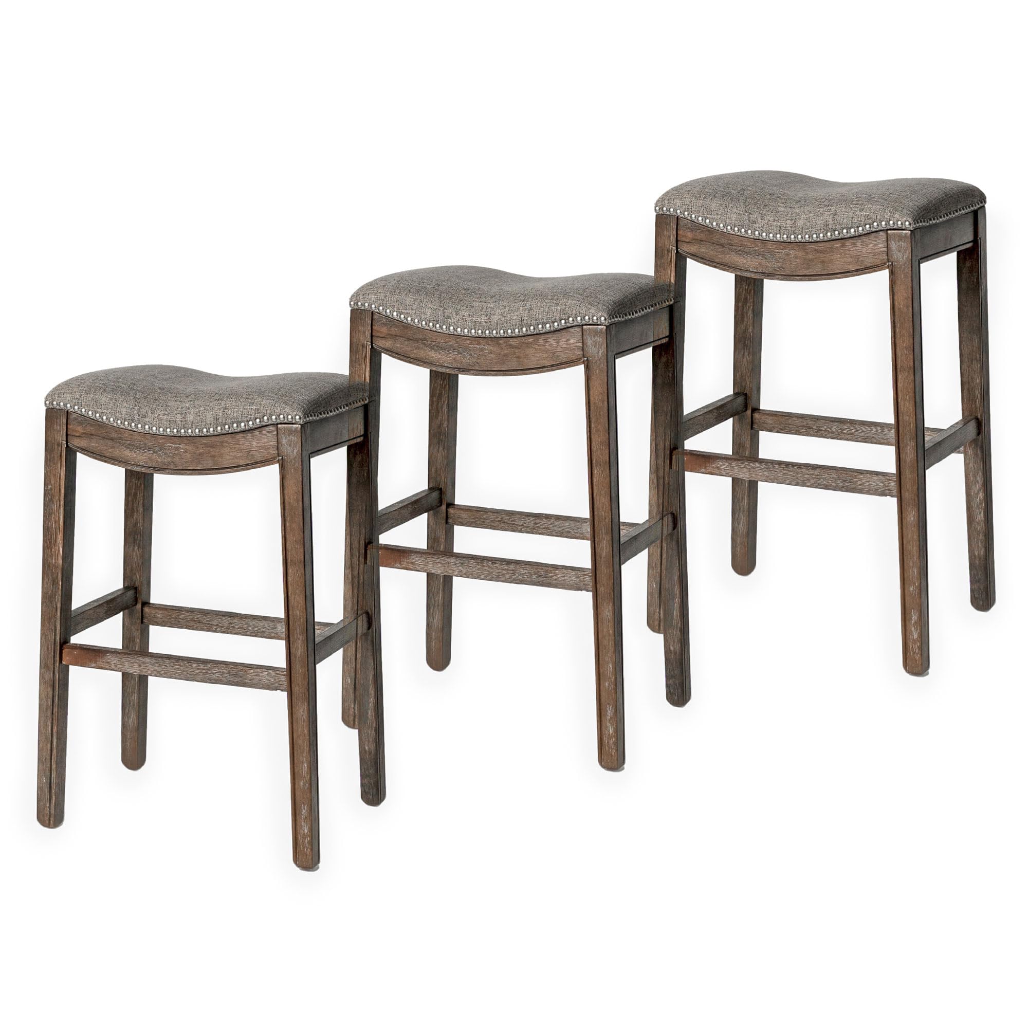 Maven Lane Adrien 31 Inch Bar Height Upholstered Backless Saddle Barstool in Dark Walnut Finish with Ash Grey Fabric Cushion Seat, Set of 2