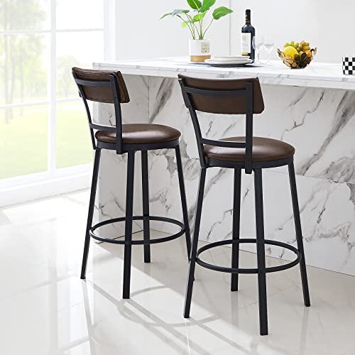 MNEETRUNG Bar Stools Set of 2,Counter Height Bar Stools with PU Leather,28 Inches Modern Barstools with Back and Footrest for Dining Room Kitchen Counter Bar,Brown