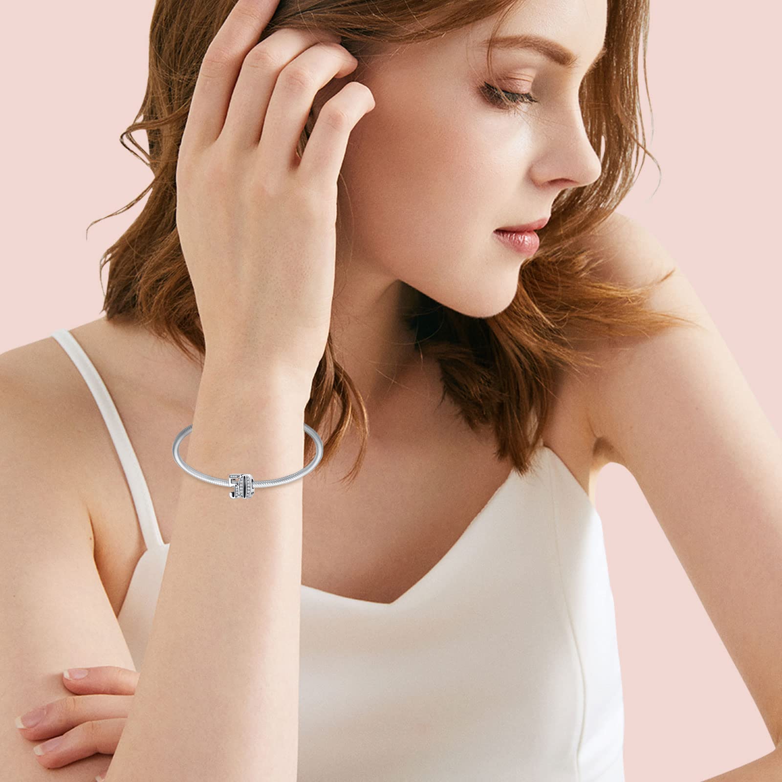 Amuefer Charms for Bracelets Number 50 Brithday Anniversary Bead 925 Sterling Silver Charms Gift for Women Bracelet Necklaces