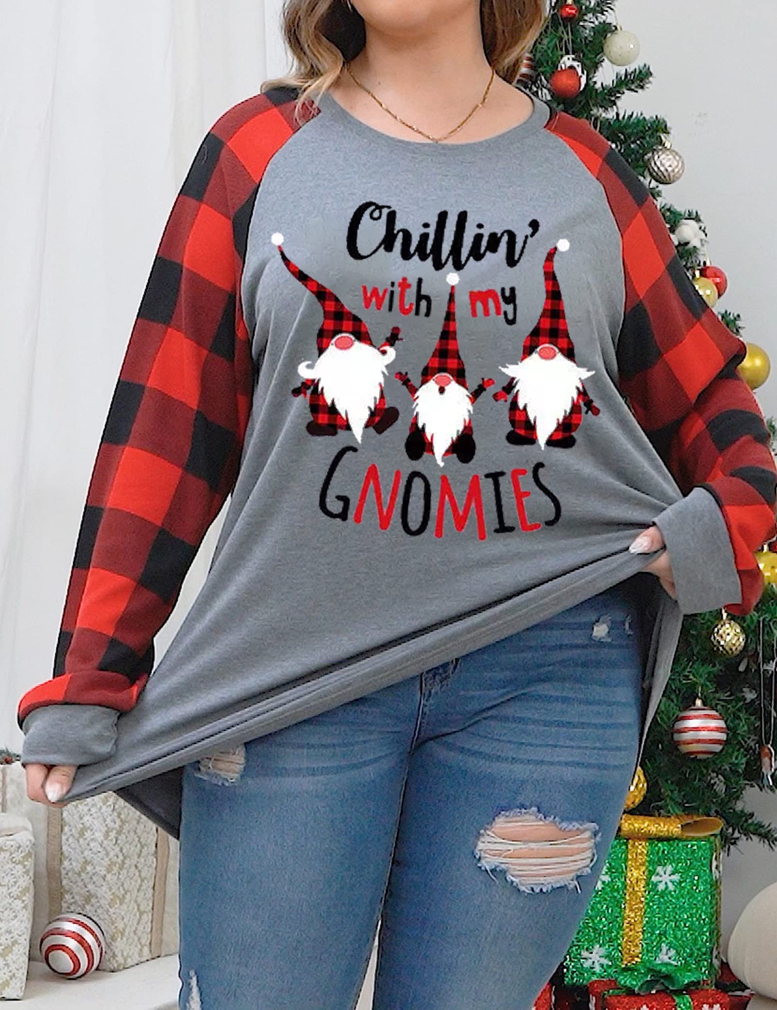 SECETKET Gnome Christmas Shirts for Women Plus Size Christmas Shirt Buffalo Plaid Long Sleeve Tee Holiday Xmas Tops(P5,XL)