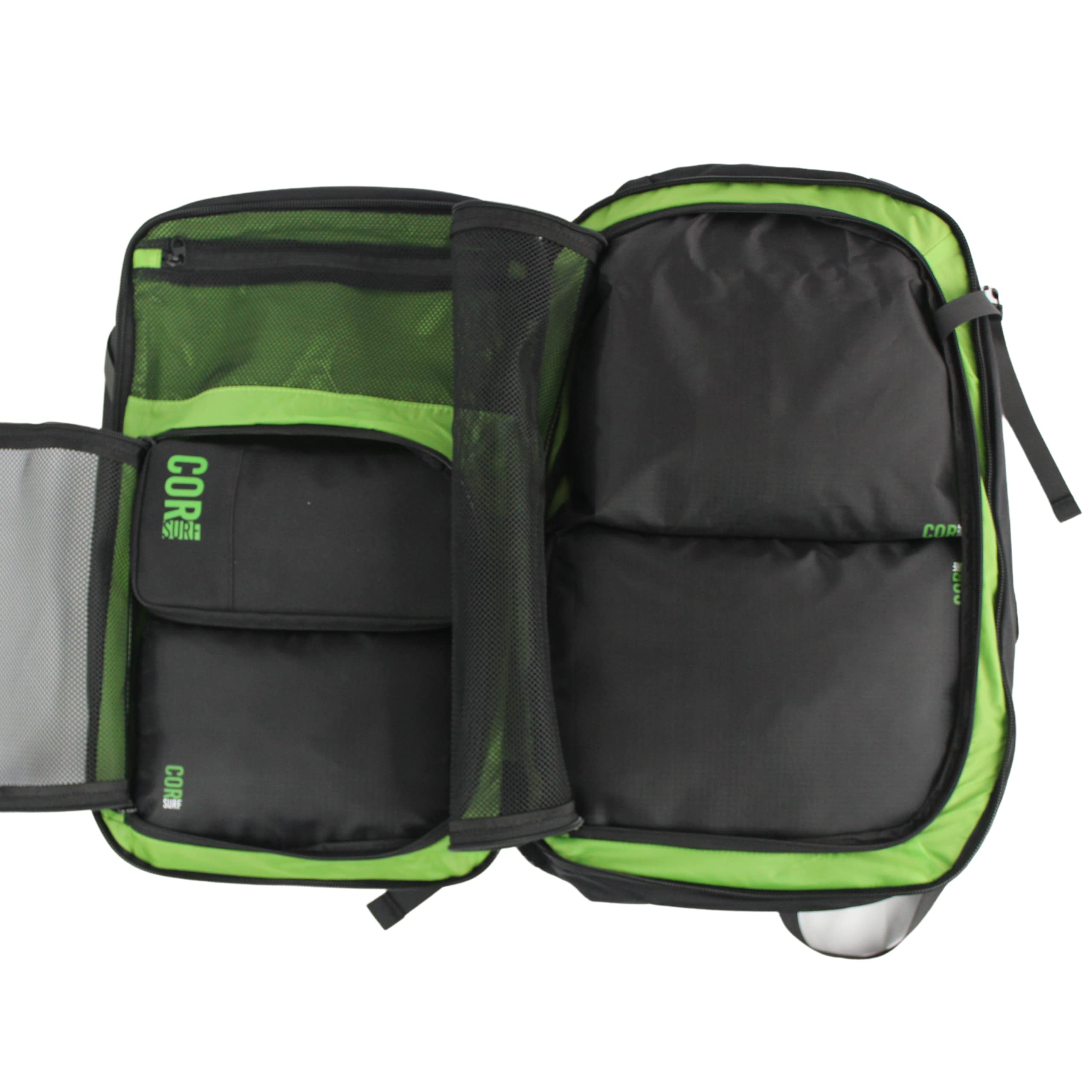 COR Surf Carry On Travel Backpack Bundle | Island Hopper Travel Backpack with Toiletry Bag and Compression Packing Cube Set (38L, Black)