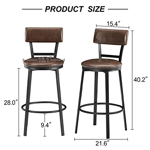 MNEETRUNG Bar Stools Set of 2,Counter Height Bar Stools with PU Leather,28 Inches Modern Barstools with Back and Footrest for Dining Room Kitchen Counter Bar,Brown