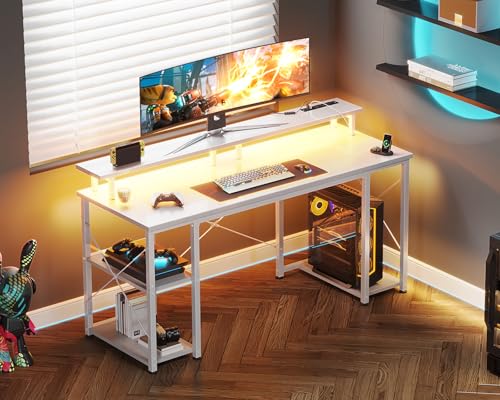 ODK 55 inch Gaming Desk with LED Lights & Power Outlets, Computer Desk with Monitor Stand & Storage Sheves, CPU Stand, Home Office Desk White