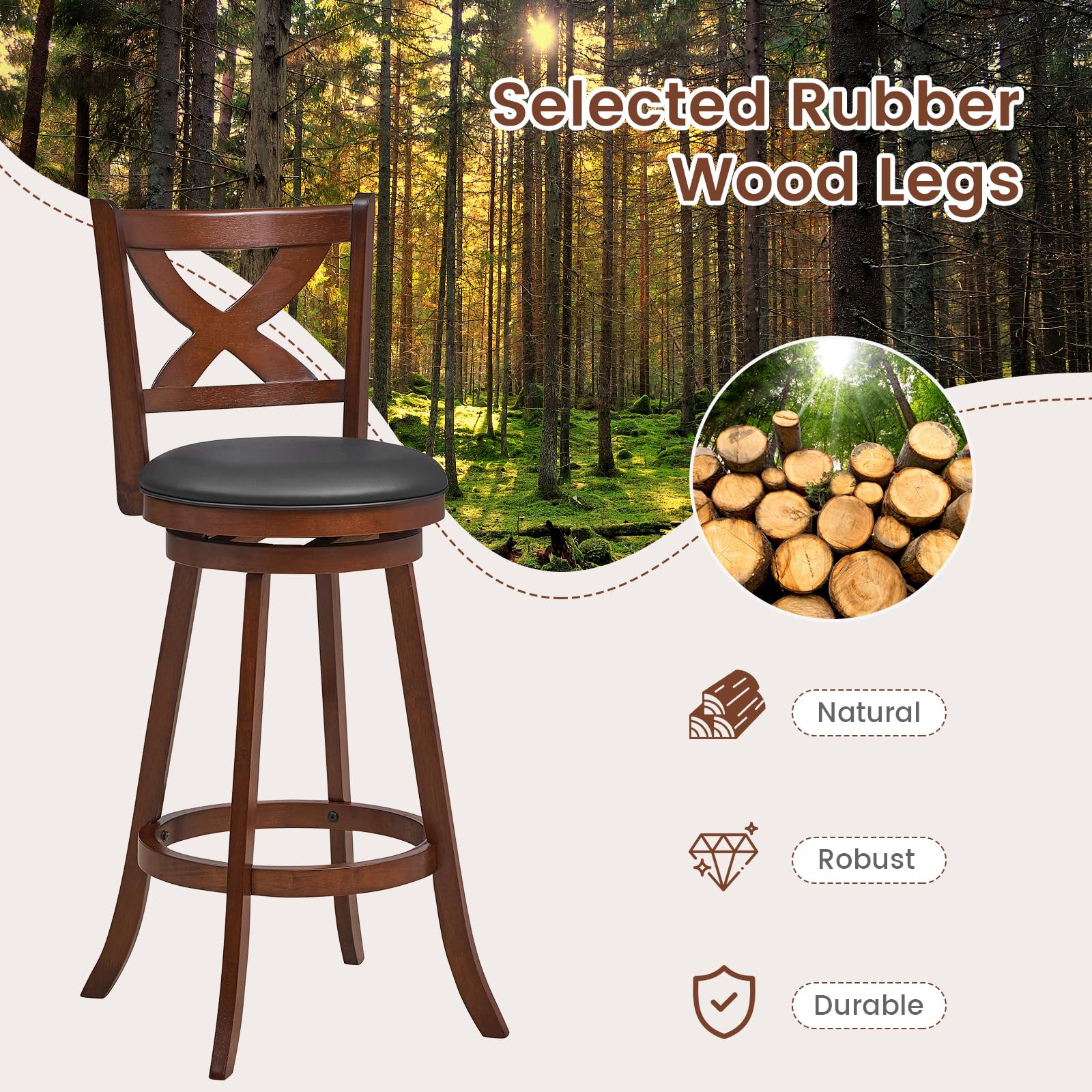 Giantex 30” Bar Stools Set of 2, 360° Swivel Counter Height Stools with Back, Solid Rubber Wood Frame, Leather Padded Seat, Vintage Upholstered Armless Farmhouse Barstools for Kitchen Island Home Bar