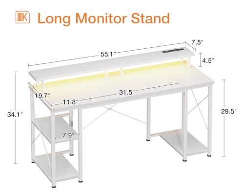 ODK 55 inch Gaming Desk with LED Lights & Power Outlets, Computer Desk with Monitor Stand & Storage Sheves, CPU Stand, Home Office Desk White