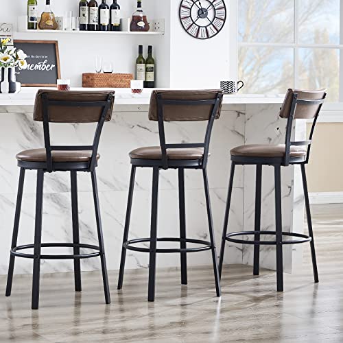 MNEETRUNG Bar Stools Set of 2,Counter Height Bar Stools with PU Leather,28 Inches Modern Barstools with Back and Footrest for Dining Room Kitchen Counter Bar,Brown
