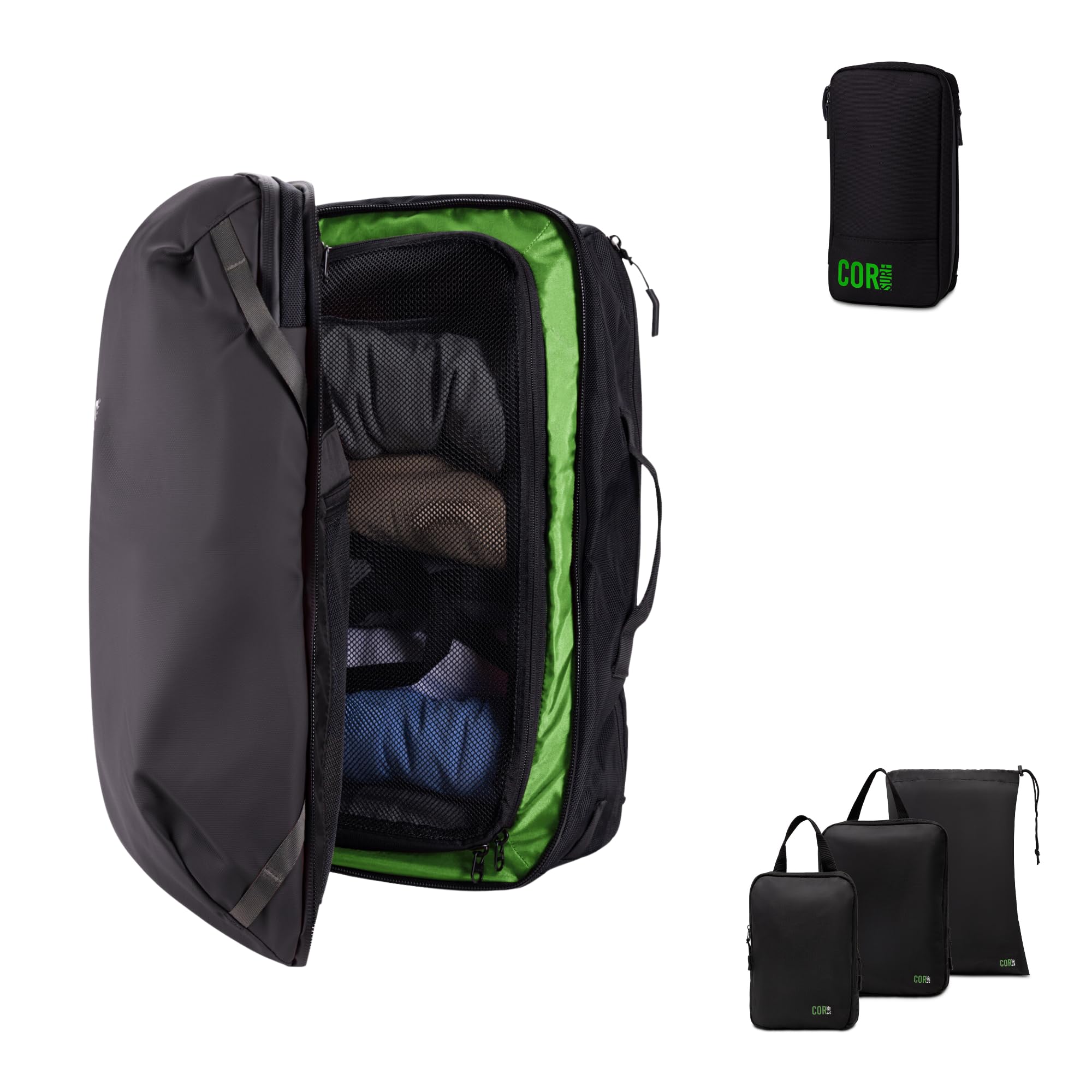 COR Surf Carry On Travel Backpack Bundle | Island Hopper Travel Backpack with Toiletry Bag and Compression Packing Cube Set (38L, Black)