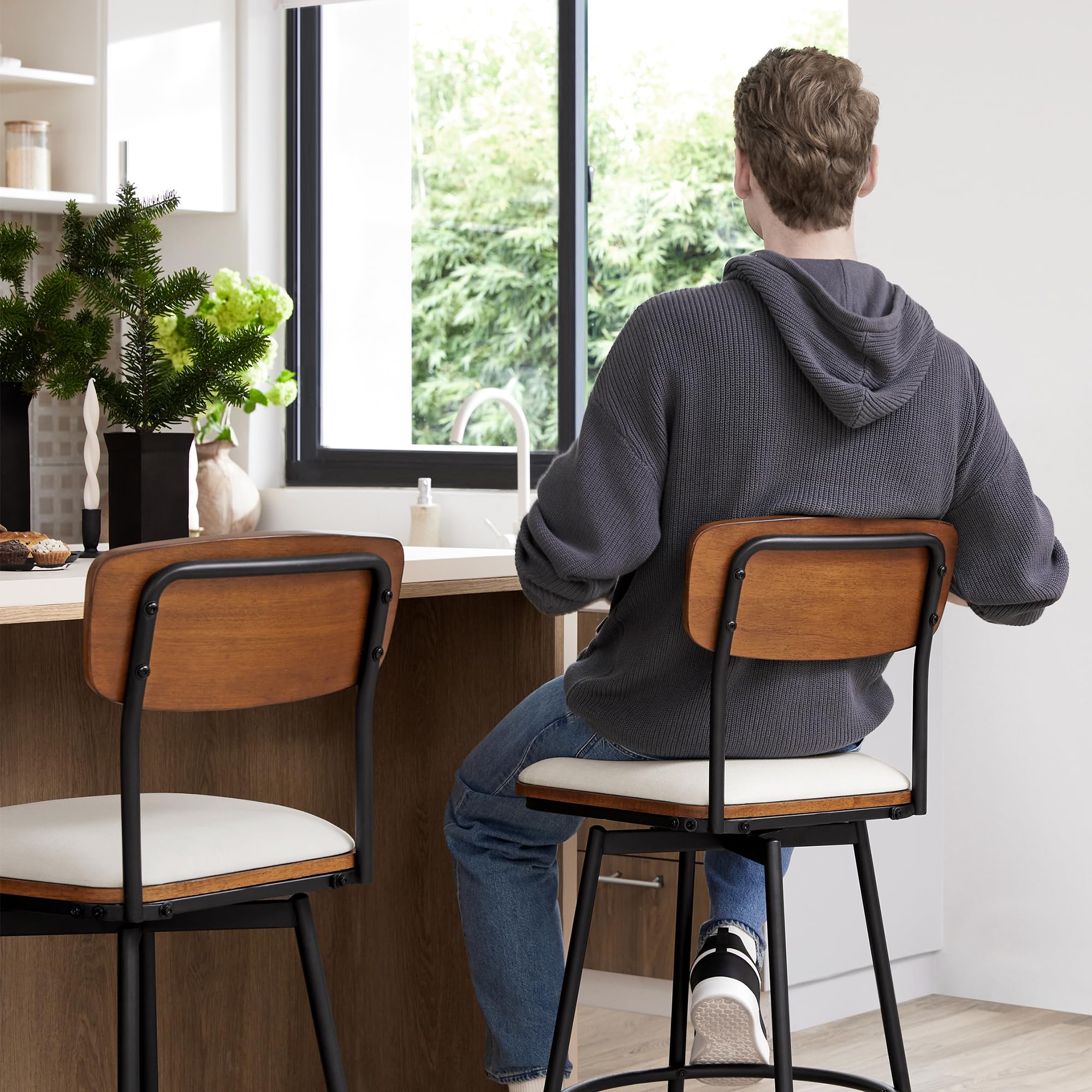 CHITA Swivel Counter Height Bar Stools with Back, Fabric Upholstered Barstools Set of 2, 27" Seat Height, Metal & Wood Frame, Cream