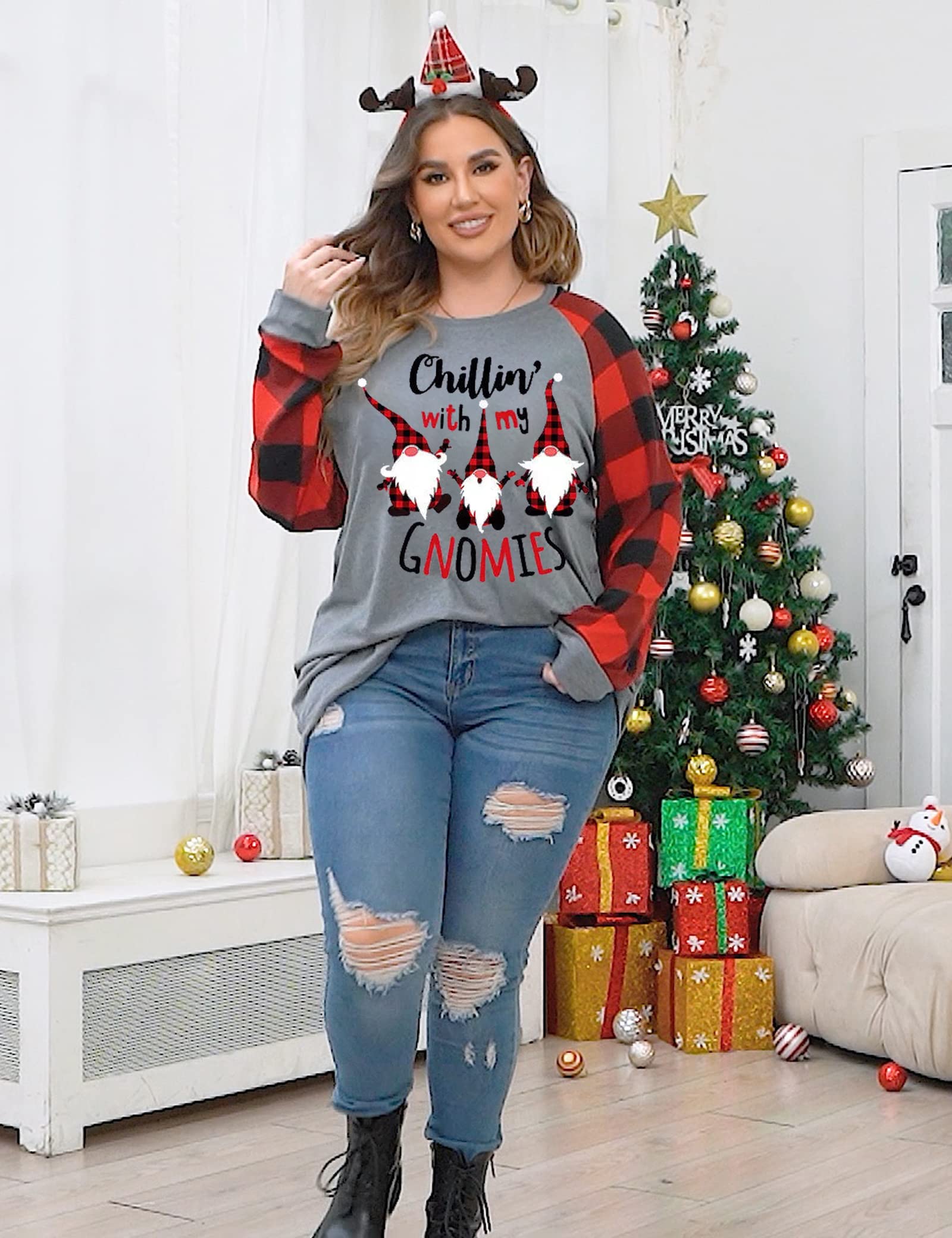 SECETKET Gnome Christmas Shirts for Women Plus Size Christmas Shirt Buffalo Plaid Long Sleeve Tee Holiday Xmas Tops(P5,XL)