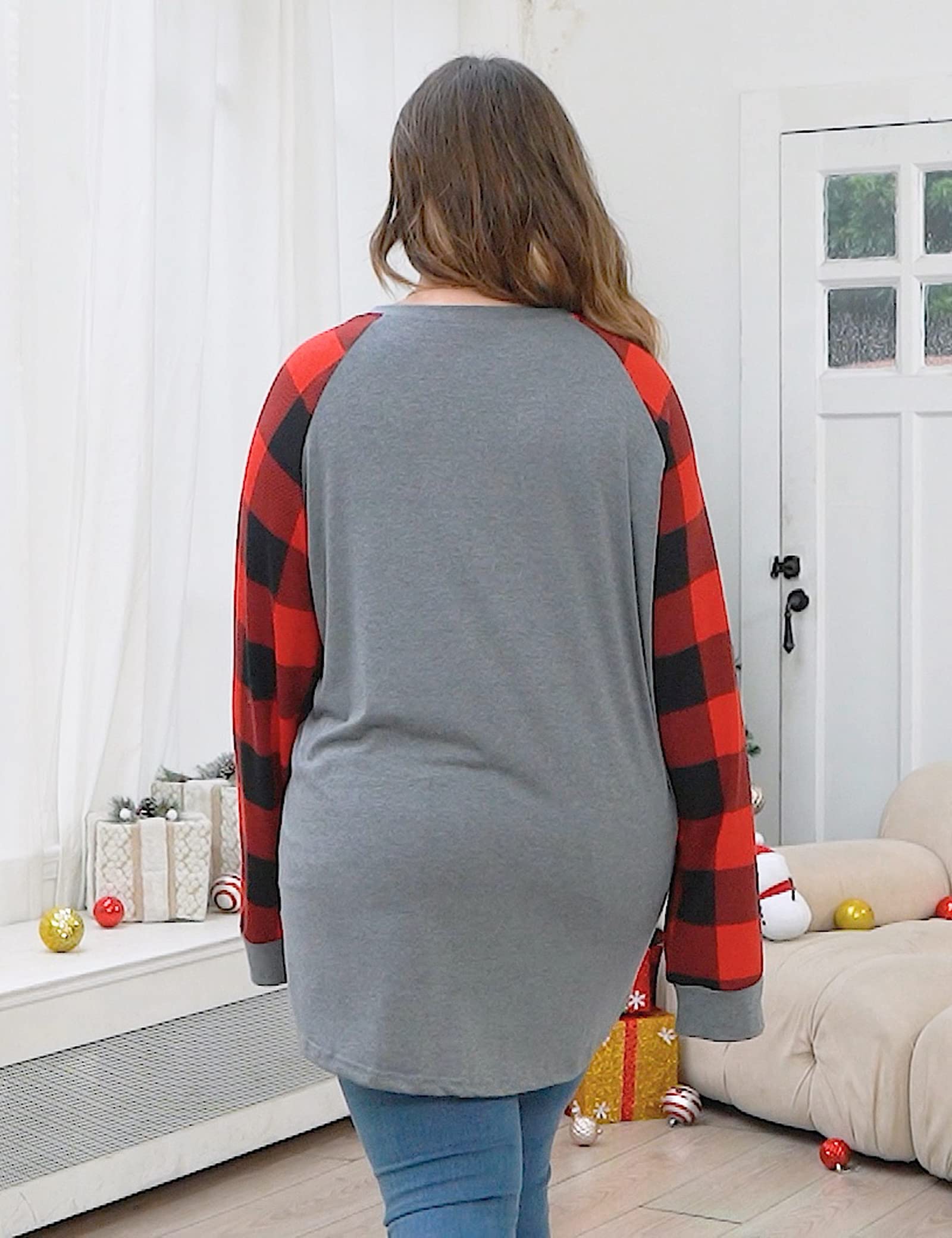 SECETKET Gnome Christmas Shirts for Women Plus Size Christmas Shirt Buffalo Plaid Long Sleeve Tee Holiday Xmas Tops(P5,XL)