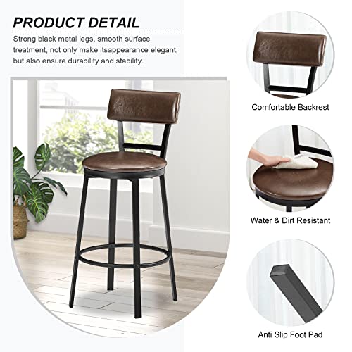 MNEETRUNG Bar Stools Set of 2,Counter Height Bar Stools with PU Leather,28 Inches Modern Barstools with Back and Footrest for Dining Room Kitchen Counter Bar,Brown