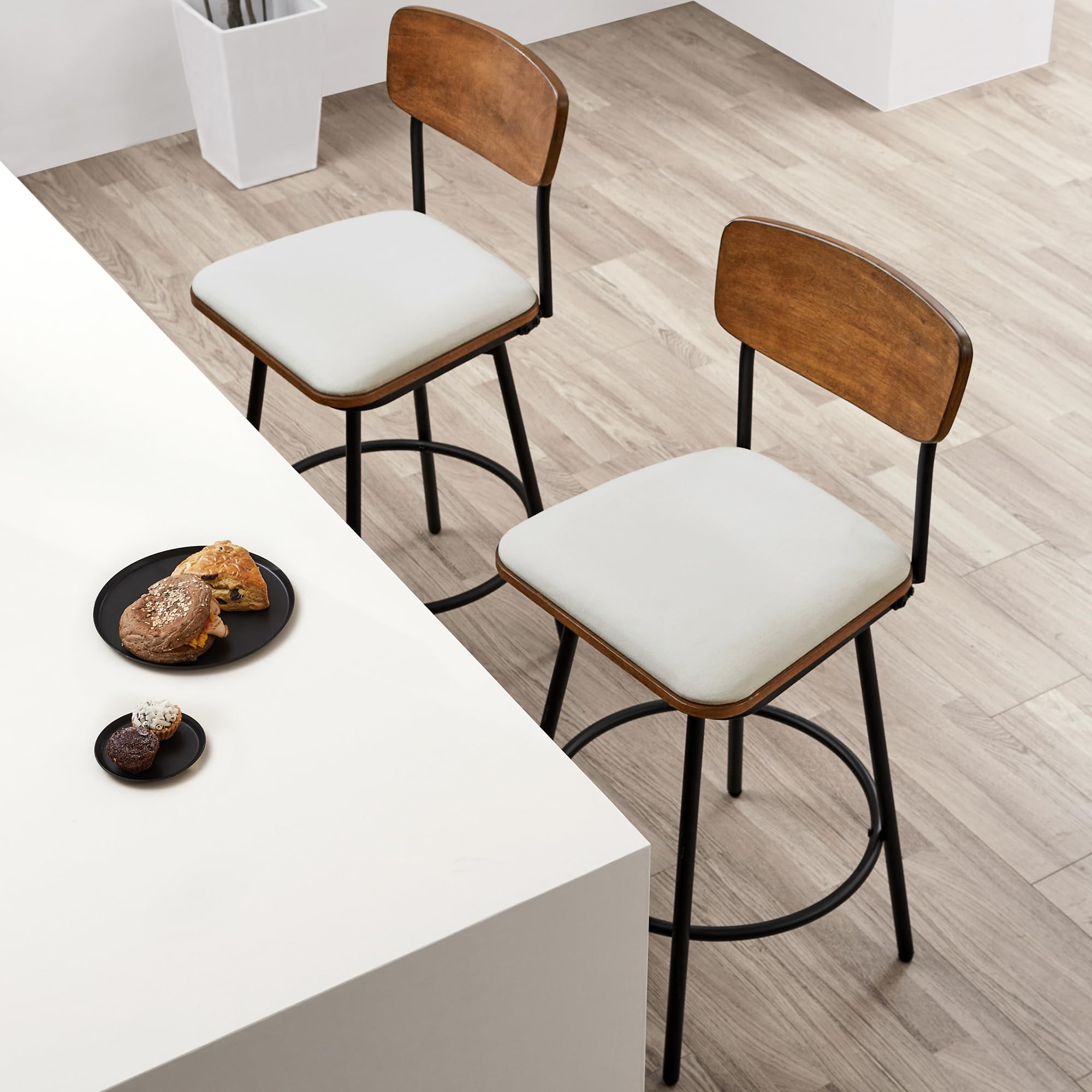 CHITA Swivel Counter Height Bar Stools with Back, Fabric Upholstered Barstools Set of 2, 27" Seat Height, Metal & Wood Frame, Cream