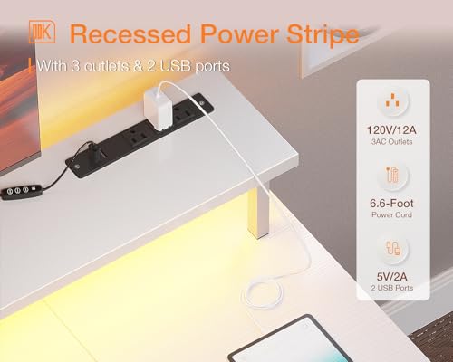 ODK 55 inch Gaming Desk with LED Lights & Power Outlets, Computer Desk with Monitor Stand & Storage Sheves, CPU Stand, Home Office Desk White