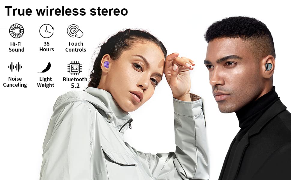 Y50 Bluetooth 5.2 Wireless Earbuds with Wireless Charging Case IPX8 Waterproof Stereo Headphones in Ear Built in Black