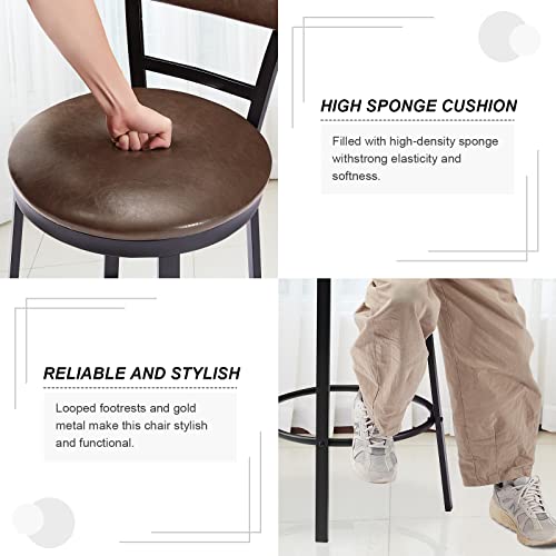 MNEETRUNG Bar Stools Set of 2,Counter Height Bar Stools with PU Leather,28 Inches Modern Barstools with Back and Footrest for Dining Room Kitchen Counter Bar,Brown