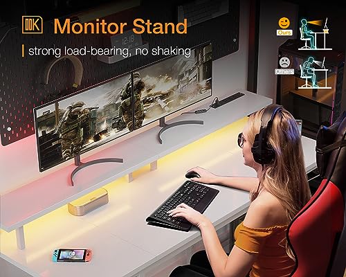 ODK 55 inch Gaming Desk with LED Lights & Power Outlets, Computer Desk with Monitor Stand & Storage Sheves, CPU Stand, Home Office Desk White