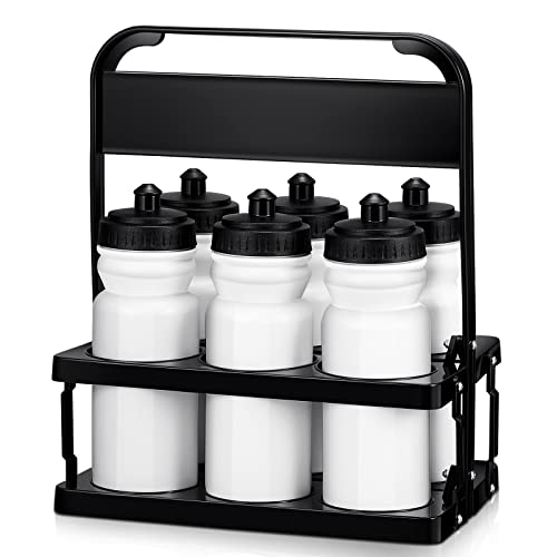 Water Bottle Carrier with 6 Bottles 20 oz Wide Mouth Water Bottles Plastic Sports Water Bottle Squeeze Water Bottles with Black Lid Team Water Bottles with Carrier for Fitness Bike Gym (White)