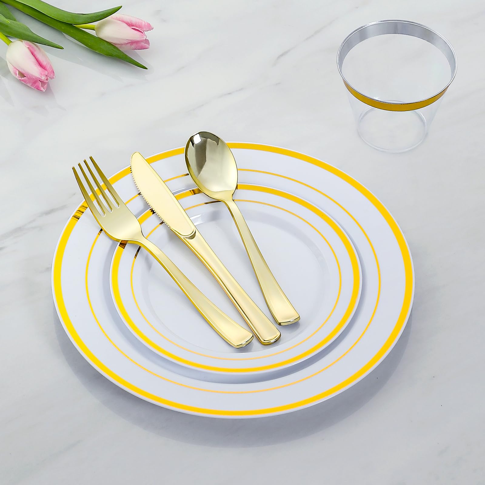 600 Pieces Gold Plastic Dinnerware for 100 Guests, Disposable Plastic Plates for Party Wedding Birthday, Includes 100 Dinner Plates, 100 Salad Plates, 100 Spoons, 100 Forks, 100 Knives, 100 Cups