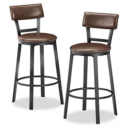 MNEETRUNG Bar Stools Set of 2,Counter Height Bar Stools with PU Leather,28 Inches Modern Barstools with Back and Footrest for Dining Room Kitchen Counter Bar,Brown
