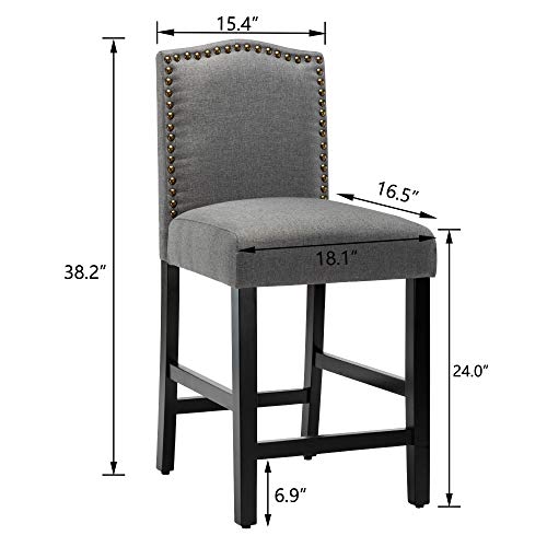 LSSPAID Bar Stools Set of 2, 24 inch Counter Height Bar Stool Kitchen Island Wood Bar Chairs, Fabric Upholstered Barstools with Bronze Nail Backrest, Grey