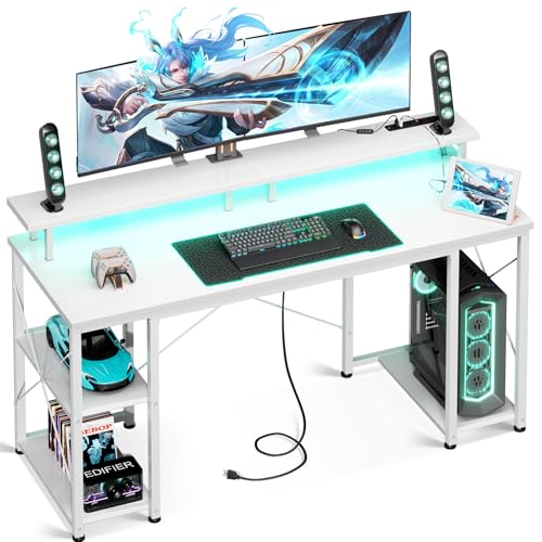 ODK 55 inch Gaming Desk with LED Lights & Power Outlets, Computer Desk with Monitor Stand & Storage Sheves, CPU Stand, Home Office Desk White