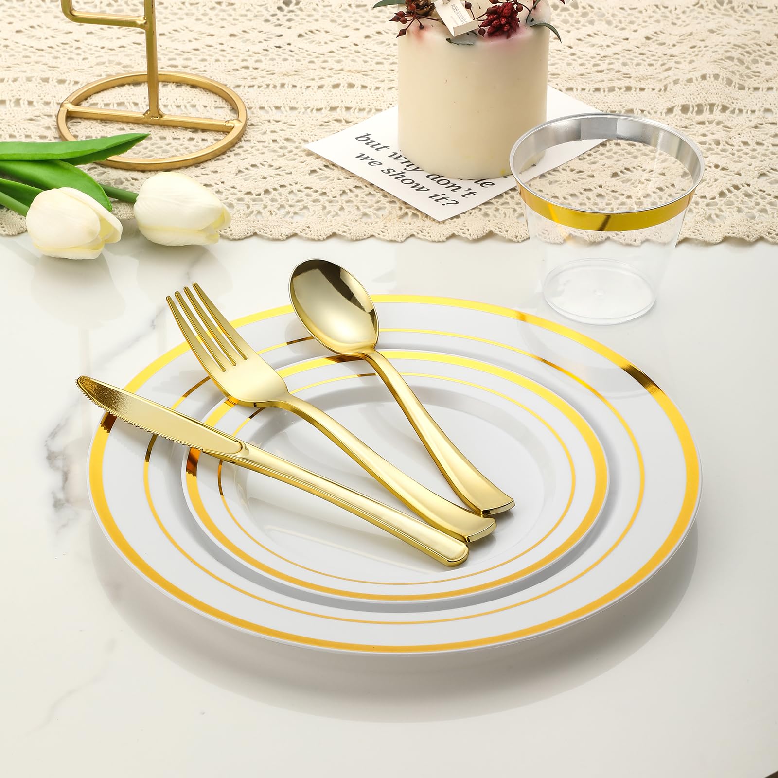 600 Pieces Gold Plastic Dinnerware for 100 Guests, Disposable Plastic Plates for Party Wedding Birthday, Includes 100 Dinner Plates, 100 Salad Plates, 100 Spoons, 100 Forks, 100 Knives, 100 Cups