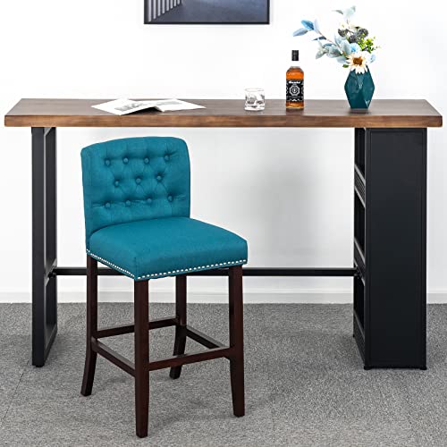 Brage Living 28 Inch Bar Stool, Linen Fabric Button Tufted Barstool with Back, Solid Wood Legs, Nailhead Trim, Upholstered Armless Bar Chair for Kitchen Dining Cafe (Lake Blue)