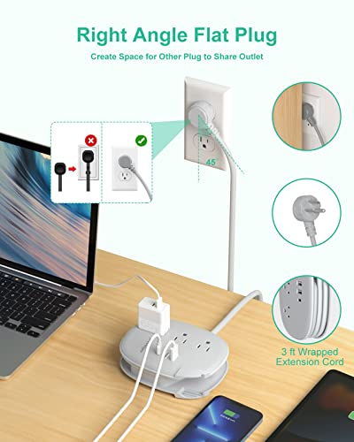 USB C Travel Power Strip,Alitayee Portable Power Strips with 3 Outlets 3 USB Ports Fast Charge, USB Extension Cord with Flat Plug and 3ft Wrapped Around Extension Cord for Cruise Travel Home Office