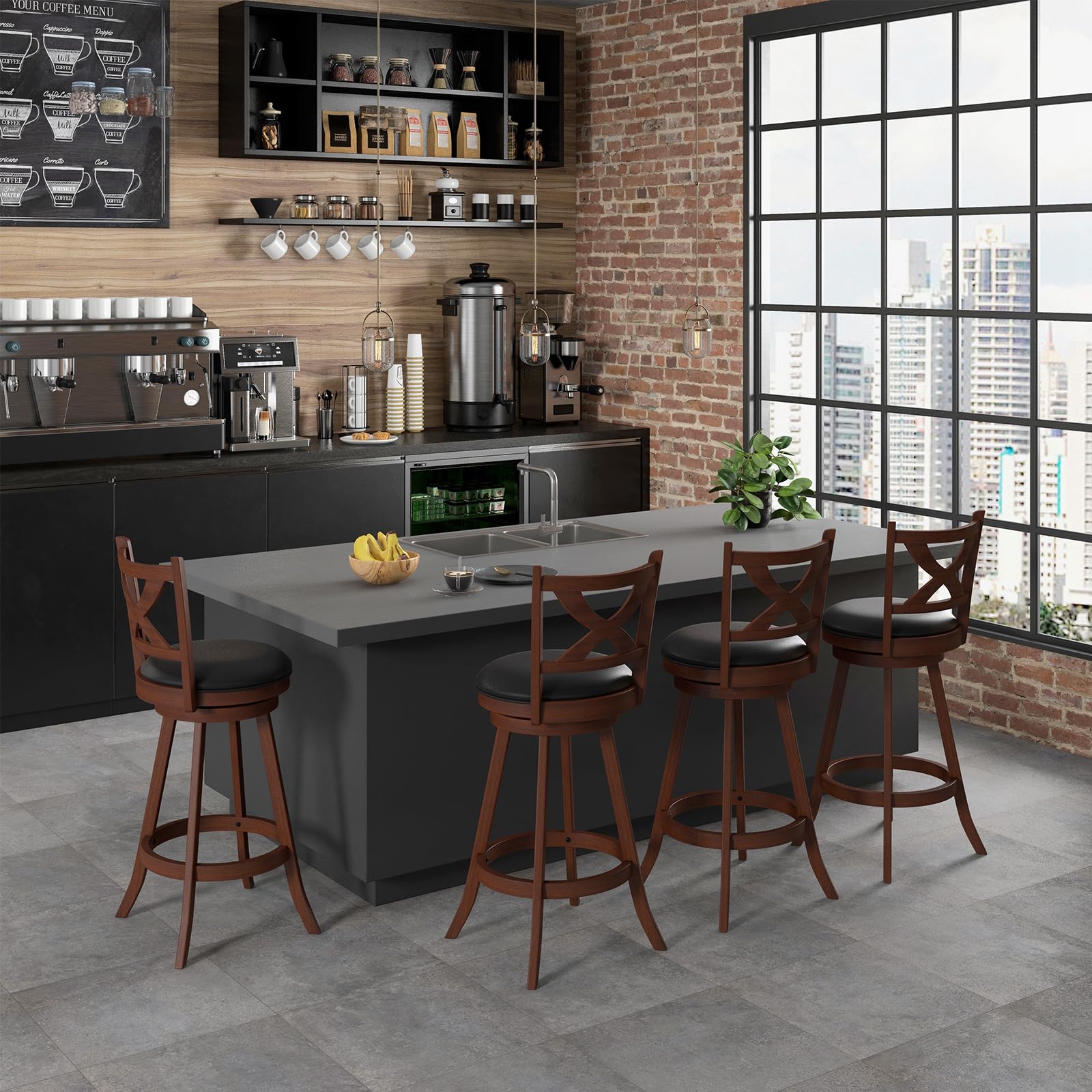 Giantex 30” Bar Stools Set of 2, 360° Swivel Counter Height Stools with Back, Solid Rubber Wood Frame, Leather Padded Seat, Vintage Upholstered Armless Farmhouse Barstools for Kitchen Island Home Bar