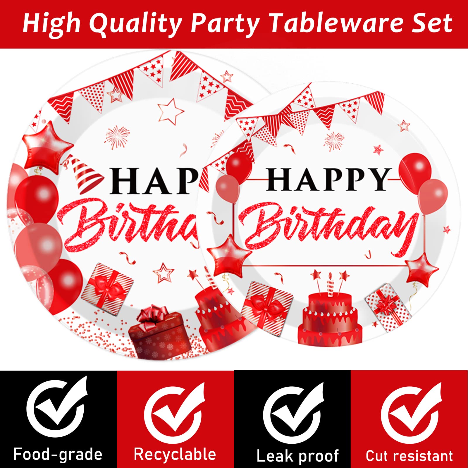 Red White and Gold Birthday Plates Napkins Forks Party Tableware Set Confetti Sprinkles Happy Birthday Party Decorations Red Table Decors for Men Women for 24 Guests