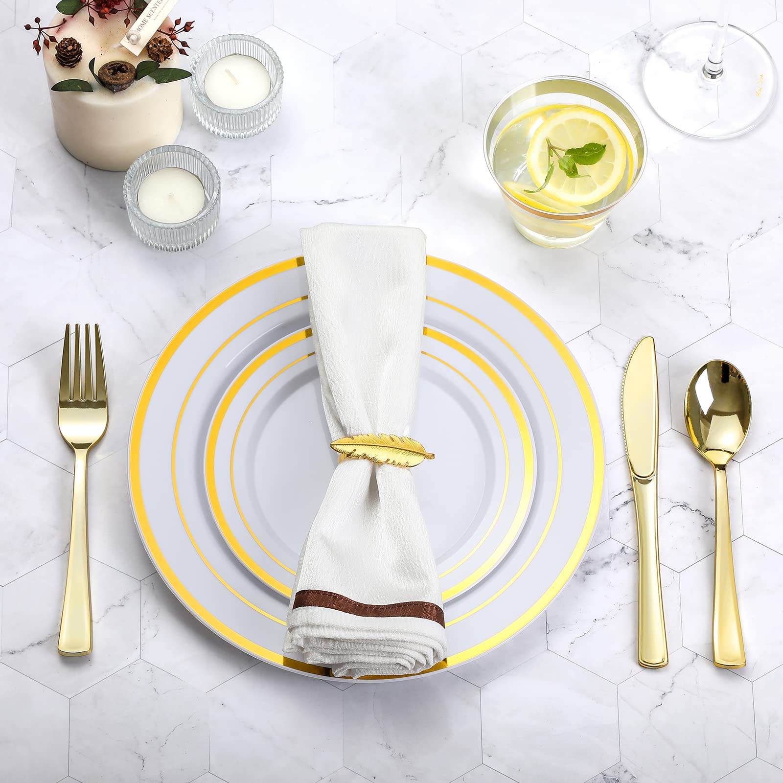 600 Pieces Gold Plastic Dinnerware for 100 Guests, Disposable Plastic Plates for Party Wedding Birthday, Includes 100 Dinner Plates, 100 Salad Plates, 100 Spoons, 100 Forks, 100 Knives, 100 Cups