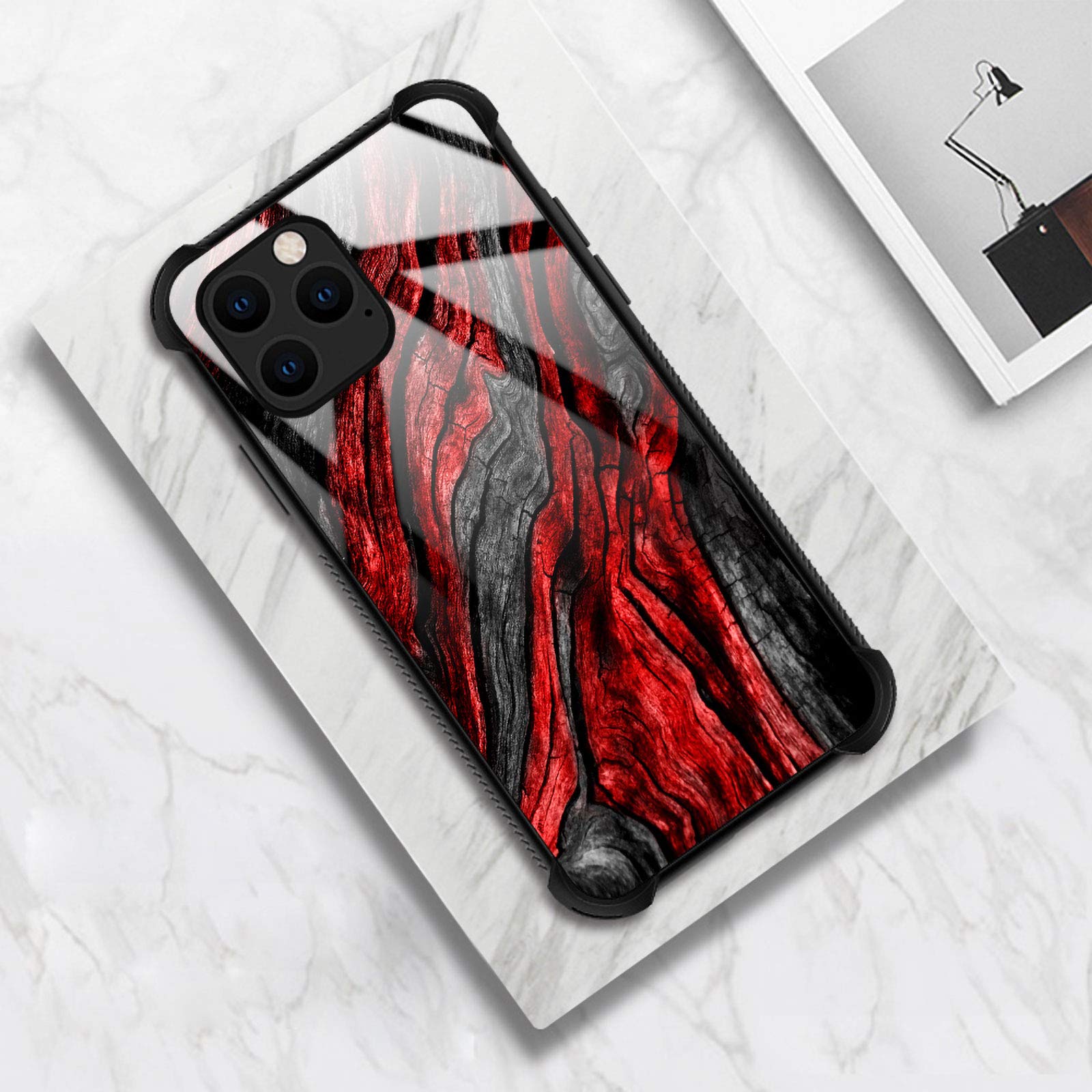 CARLOCA Compatible with iPhone 12 Mini Case,Black Red Wood Grain iPhone 12 Mini Cases for Boys Girls,Graphic Design Shockproof Anti-Scratch Case for iPhone 12 Mini