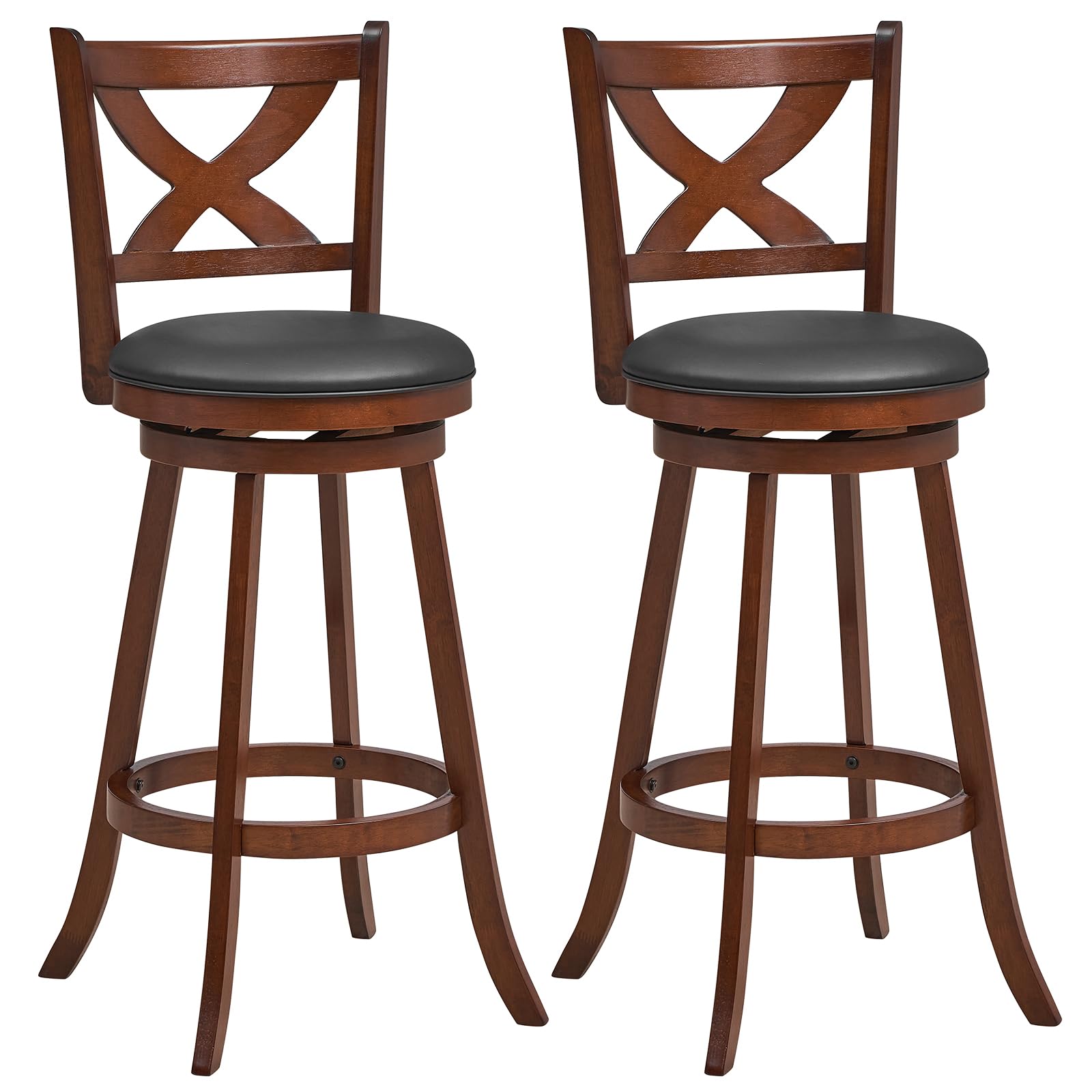 Giantex 30” Bar Stools Set of 2, 360° Swivel Counter Height Stools with Back, Solid Rubber Wood Frame, Leather Padded Seat, Vintage Upholstered Armless Farmhouse Barstools for Kitchen Island Home Bar