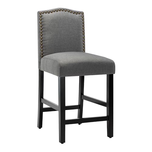LSSPAID Bar Stools Set of 2, 24 inch Counter Height Bar Stool Kitchen Island Wood Bar Chairs, Fabric Upholstered Barstools with Bronze Nail Backrest, Grey