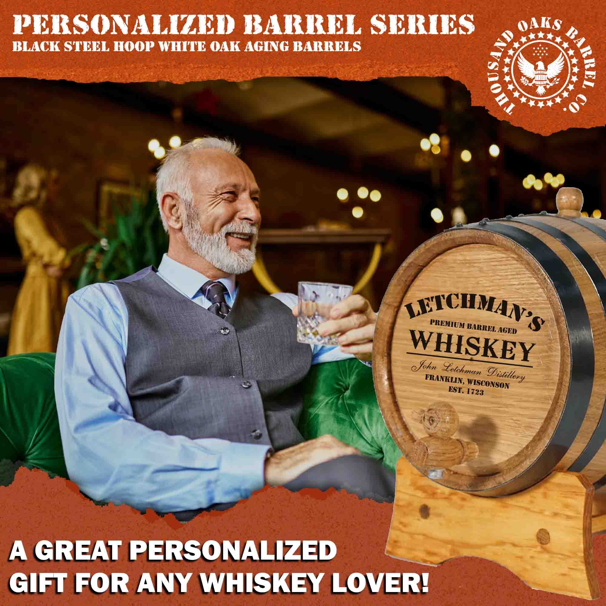 Personalized 20 Liter Oak Aging Barrel (5 gallon) with Stand, Bung and Spigot | Age Cocktails, Bourbon, Rum, Tequila, Beer, Wine and More! | Laser Engraved P5 Custom Whiskey Barrel Design