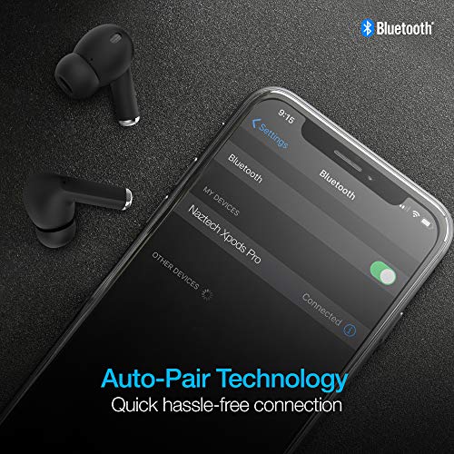 Naztech Xpods PRO True Wireless BT 5.0 Earbuds w/Portable Wireless Charging Case, Noise Cancelling Mic, Comfortable Design for Commute, Home Office, Sports, Jogging (Black)