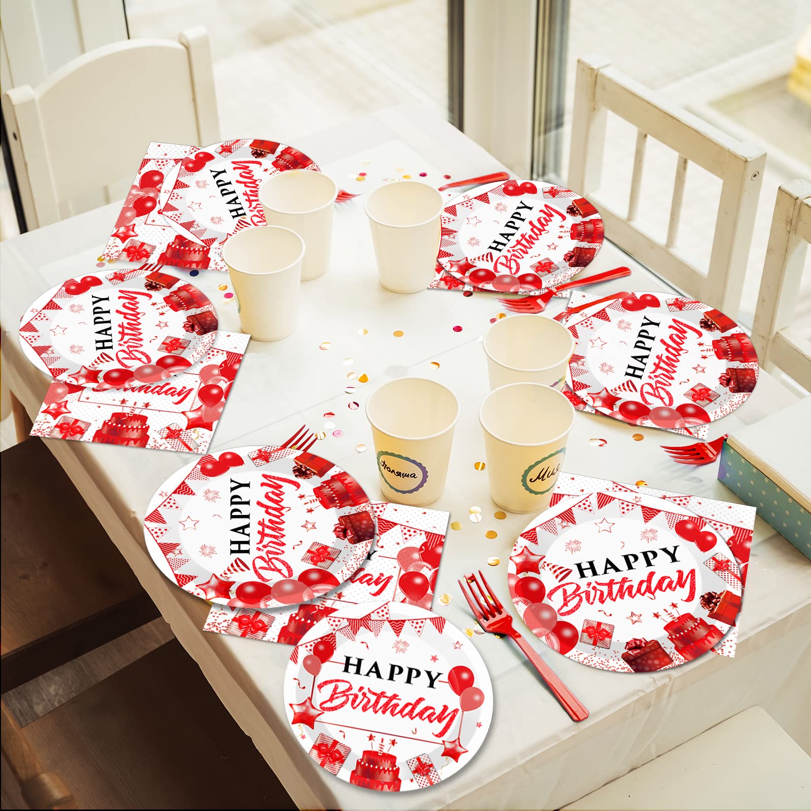 Red White and Gold Birthday Plates Napkins Forks Party Tableware Set Confetti Sprinkles Happy Birthday Party Decorations Red Table Decors for Men Women for 24 Guests