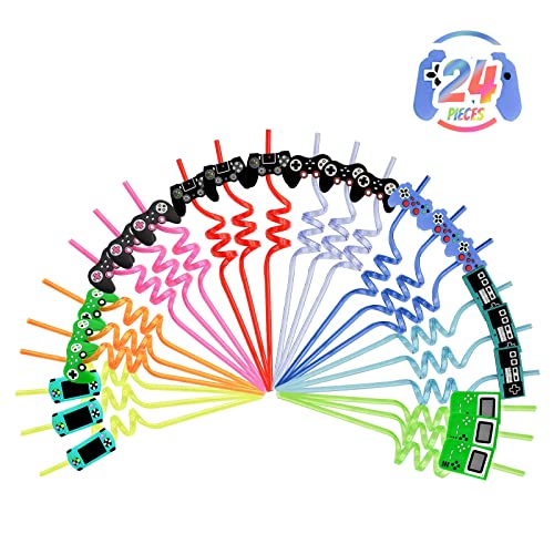 24 PCS Reusable Gamepad Drinking Straws Plastic Straws for Kids Straws for Video Games Themed Party Decoration Supplies Birthday Party Favors (Gamepad, 24)