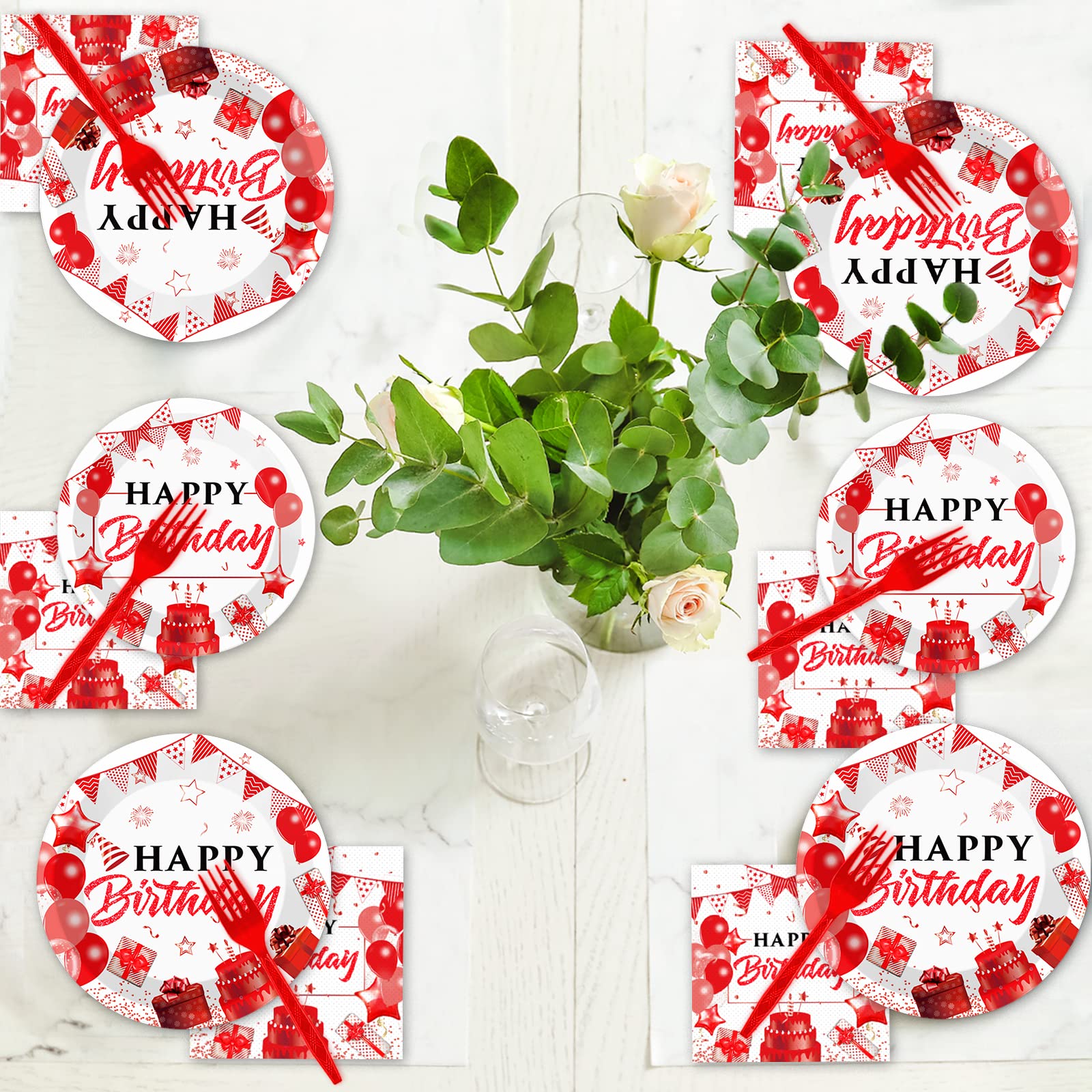 Red White and Gold Birthday Plates Napkins Forks Party Tableware Set Confetti Sprinkles Happy Birthday Party Decorations Red Table Decors for Men Women for 24 Guests