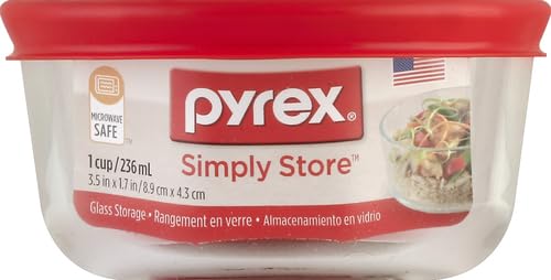 Pyrex Simply Store 1-Cup Single Glass Food Storage Container with Lid, Non-Pourous Glass Round Meal Prep Container with Lid, BPA-Free Lid, Dishwasher, Microwave, Oven and Freezer Safe