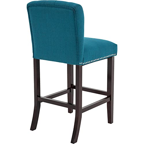 Brage Living 28 Inch Bar Stool, Linen Fabric Button Tufted Barstool with Back, Solid Wood Legs, Nailhead Trim, Upholstered Armless Bar Chair for Kitchen Dining Cafe (Lake Blue)
