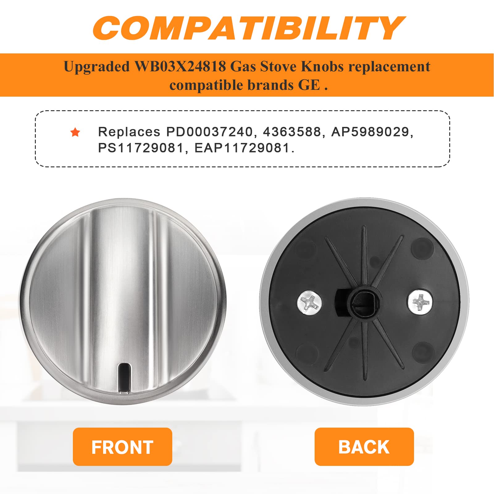 WB03X24818 Gas Stove Knobs Replacement 5Pack 100% Stainless Steel Gas Range Oven Stove Knob-24Pack WB02X24790 Grate Rubber Feet-Fit for GE Gas Stove Top Range Grate Foot Rubber Pads