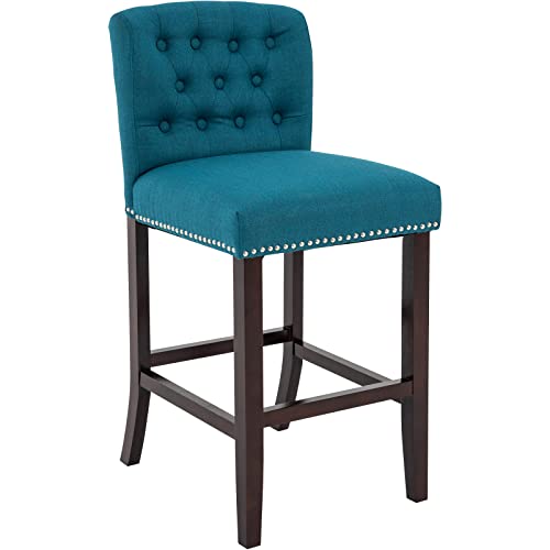Brage Living 28 Inch Bar Stool, Linen Fabric Button Tufted Barstool with Back, Solid Wood Legs, Nailhead Trim, Upholstered Armless Bar Chair for Kitchen Dining Cafe (Lake Blue)