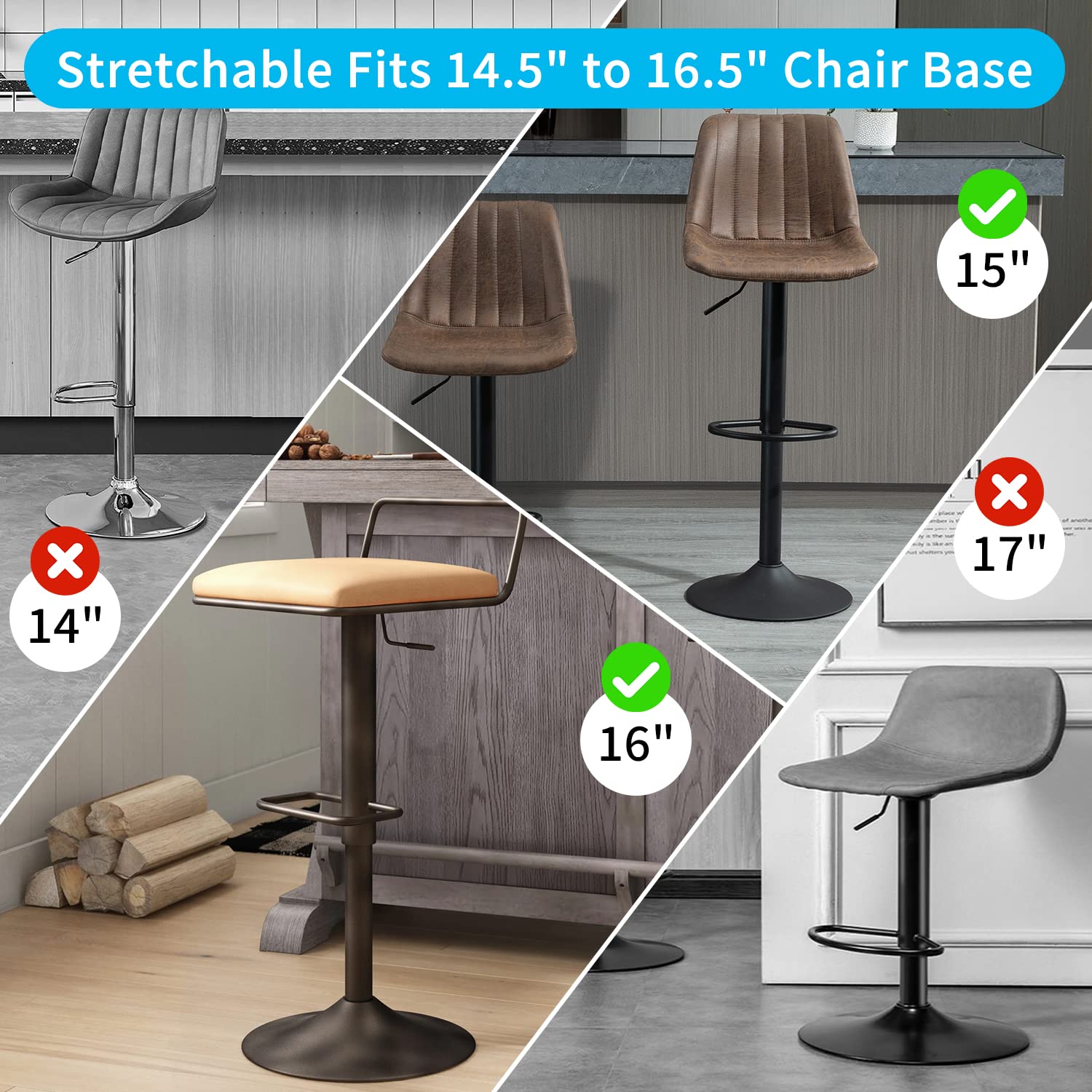 2 Pack Bar Stools Leg Protectors Ring, Non Slip Silicone Chair Leg Floor Protector, Pads Bottom Protect Wooden Floor No Scratches No Noise Anti-slip, Stretchable Fits 14.5" to 16.5" Chair Base, Black