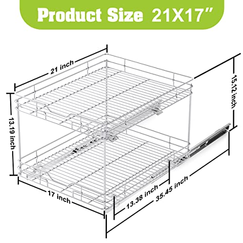 BONADOM 2 Tier Pull Out Cabinet Organizer(21''Dx17''W) Heavy Duty Slide Out Drawers for Kitchen Cabinets Storage Roll Out Shelf Rack Storage for Pots, Pans, PullOut Cupboard Organizer