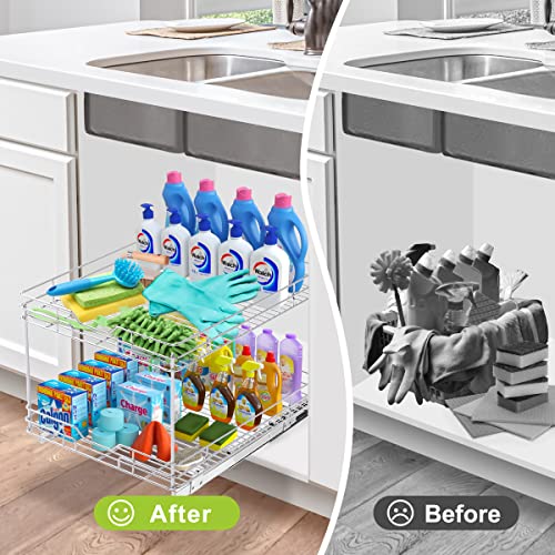 BONADOM 2 Tier Pull Out Cabinet Organizer(21''Dx17''W) Heavy Duty Slide Out Drawers for Kitchen Cabinets Storage Roll Out Shelf Rack Storage for Pots, Pans, PullOut Cupboard Organizer