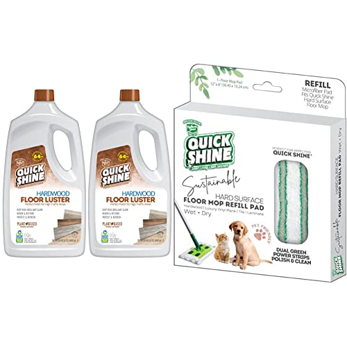 Quick Shine Hardwood Floor Luster 64oz, 2Pk & Hard Surface Floor Mop Refill Pad 12" Wx6 Dx1/2 H | Washable & Reusable | Scoops, Lifts & Traps Dirt & Debris