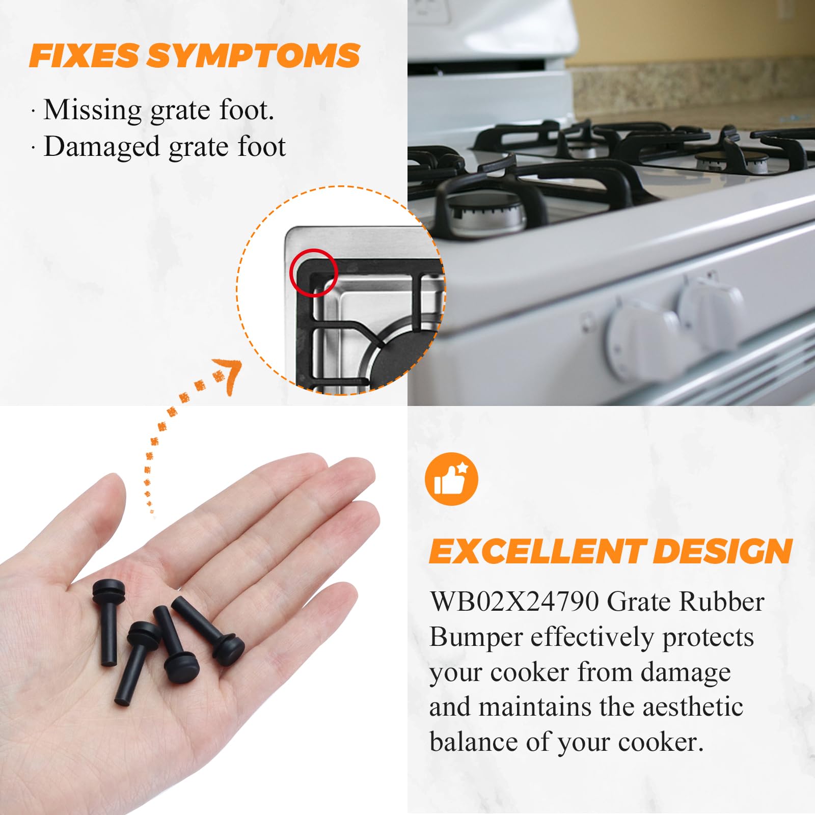 WB03X24818 Gas Stove Knobs Replacement 5Pack 100% Stainless Steel Gas Range Oven Stove Knob-24Pack WB02X24790 Grate Rubber Feet-Fit for GE Gas Stove Top Range Grate Foot Rubber Pads