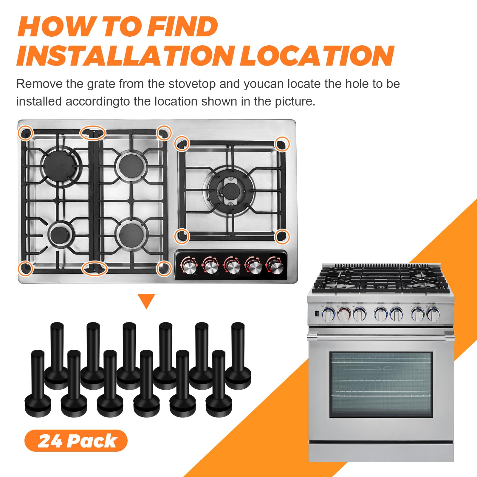 WB03X24818 Gas Stove Knobs Replacement 5Pack 100% Stainless Steel Gas Range Oven Stove Knob-24Pack WB02X24790 Grate Rubber Feet-Fit for GE Gas Stove Top Range Grate Foot Rubber Pads
